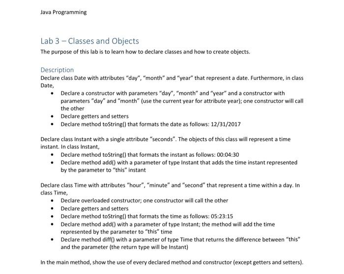 Solved Java Programming Lab 3 - Classes and Objects The | Chegg.com