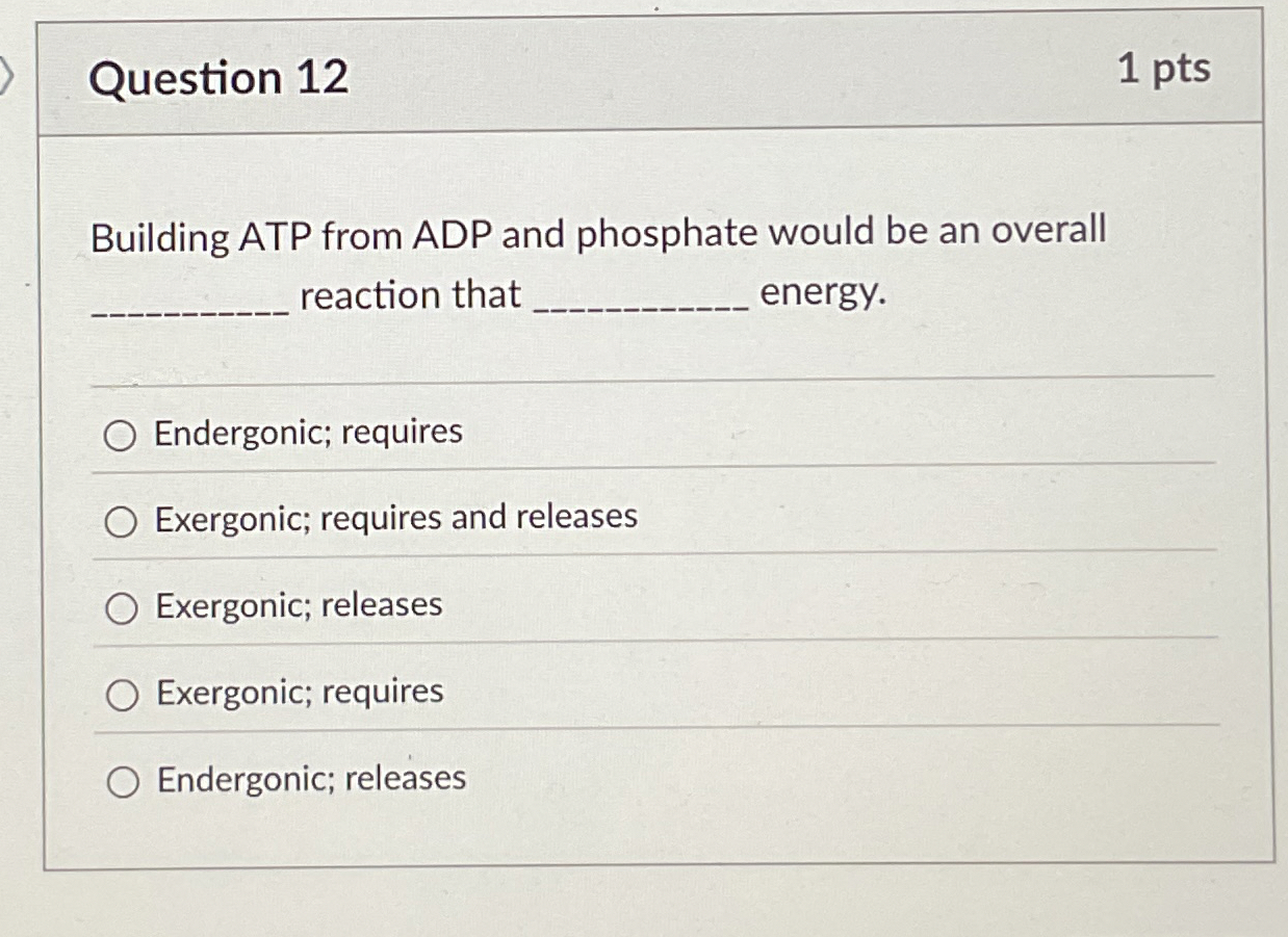 Solved Question 12Building ATP from ADP and phosphate would | Chegg.com