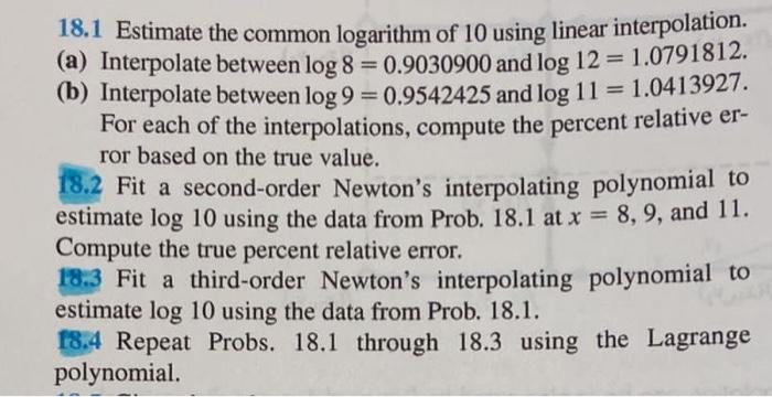 18.1 Estimate the common logarithm of 10 using linear | Chegg.com