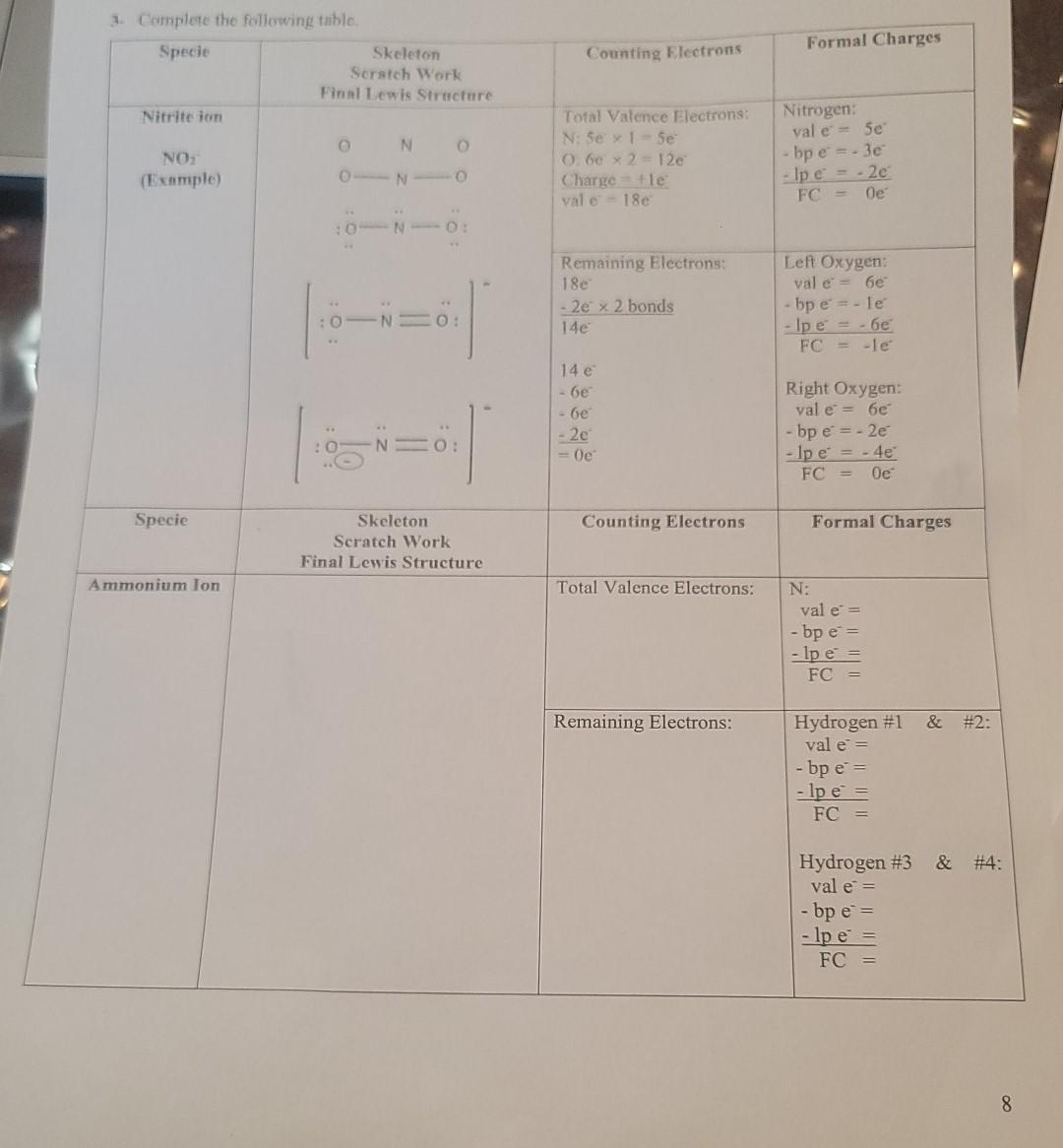 Solved Formal Charges Counting Electrons 3. Complete the | Chegg.com