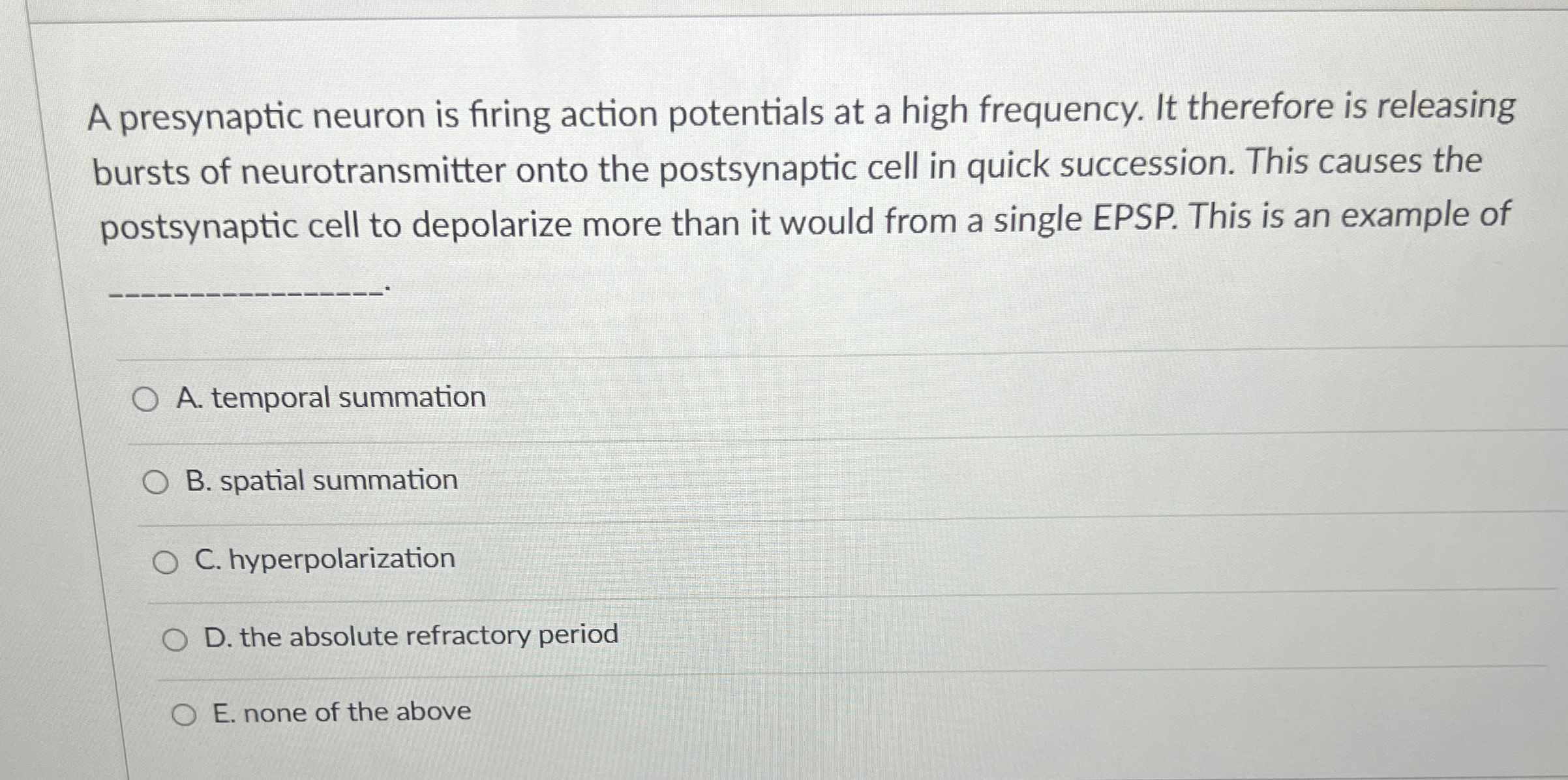 Solved A presynaptic neuron is firing action potentials at a | Chegg.com