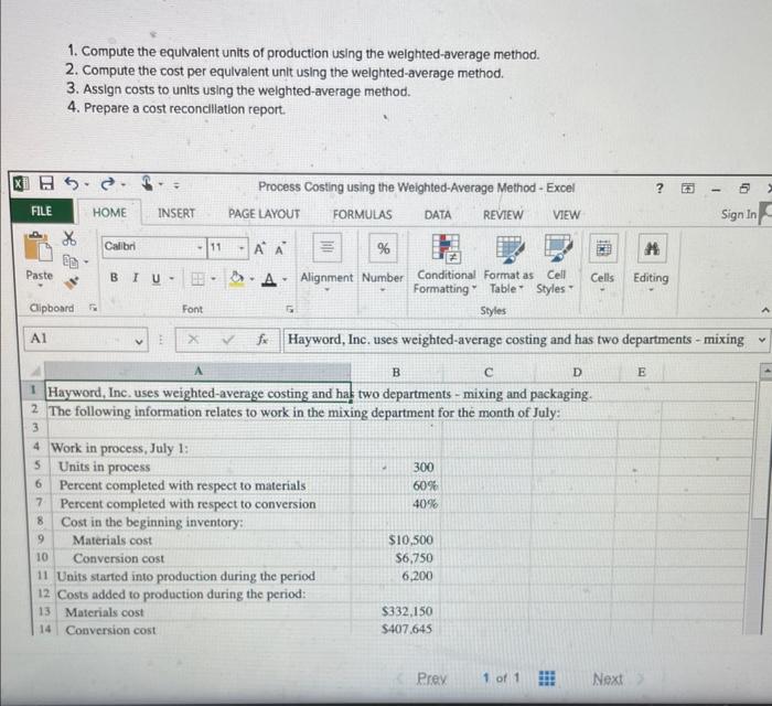 Solved 1. Compute the equivalent units of production using | Chegg.com