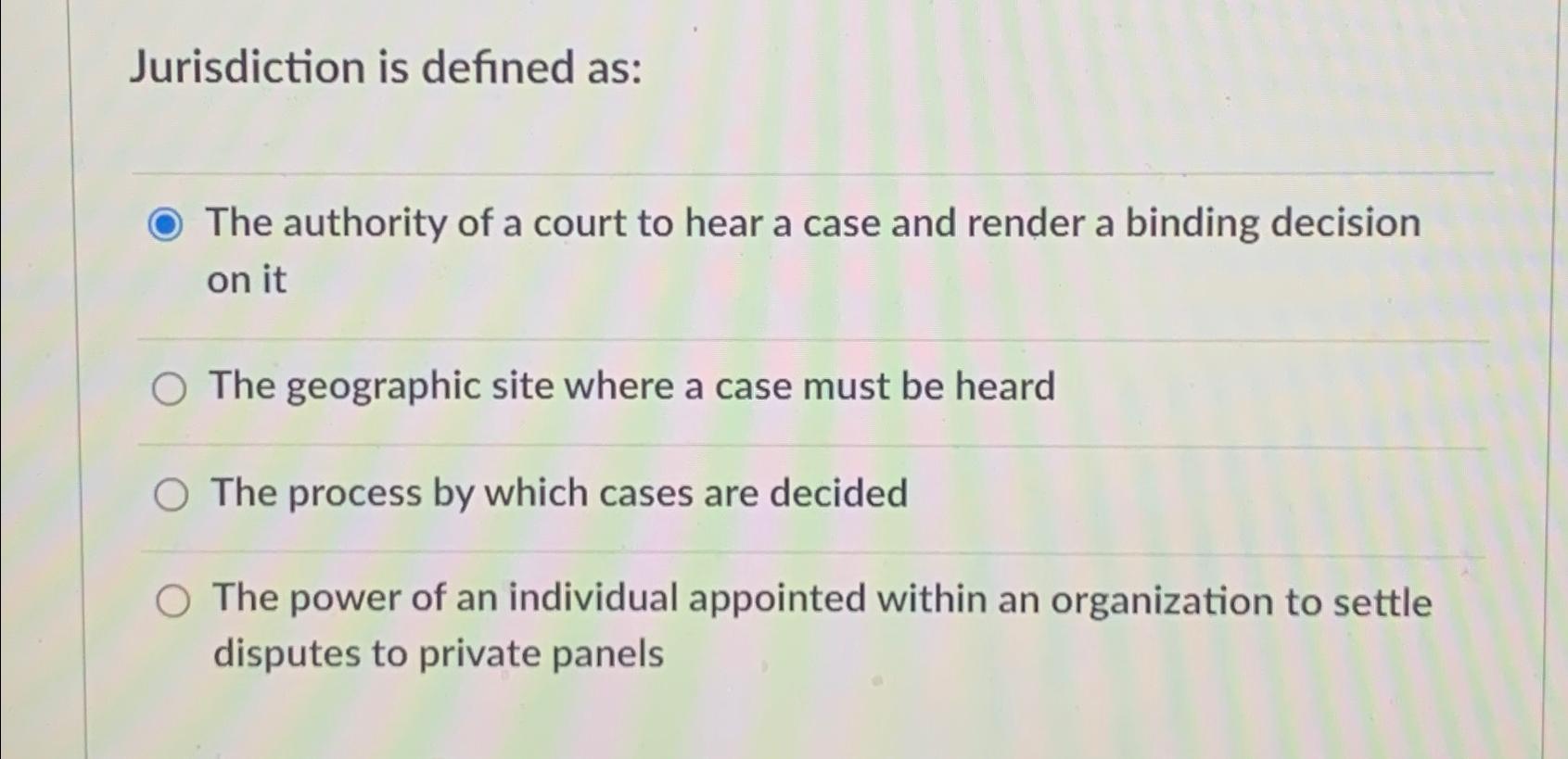 Solved Jurisdiction is defined as:The authority of a court | Chegg.com