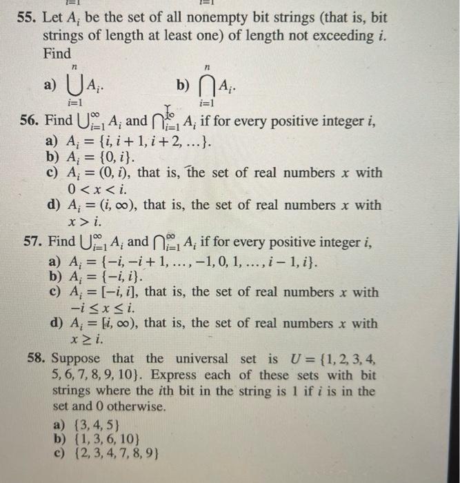 Solved n n Ai i=1 i=1 i=1 = 55. Let A; be the set of all | Chegg.com