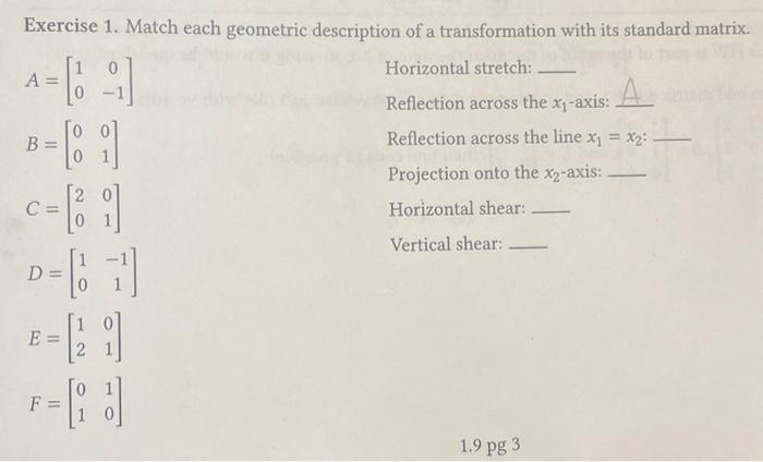Solved Exercise 1. Match each geometric description of a | Chegg.com