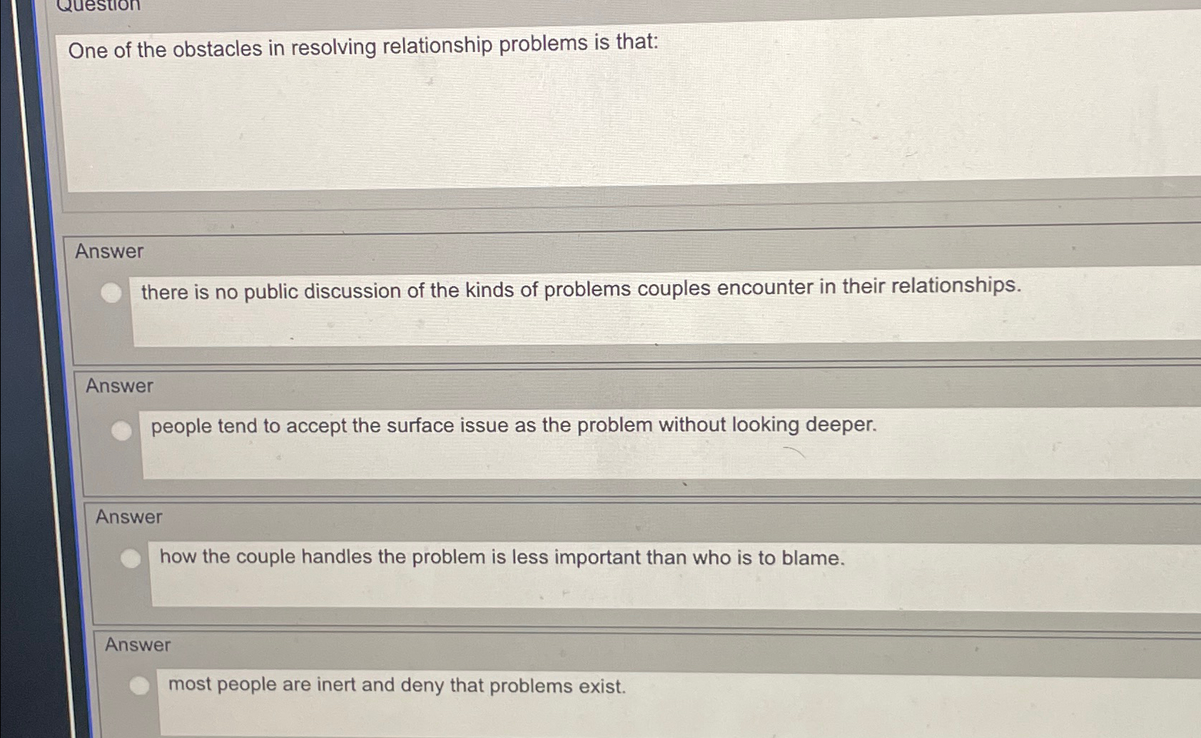 Solved One of the obstacles in resolving relationship | Chegg.com