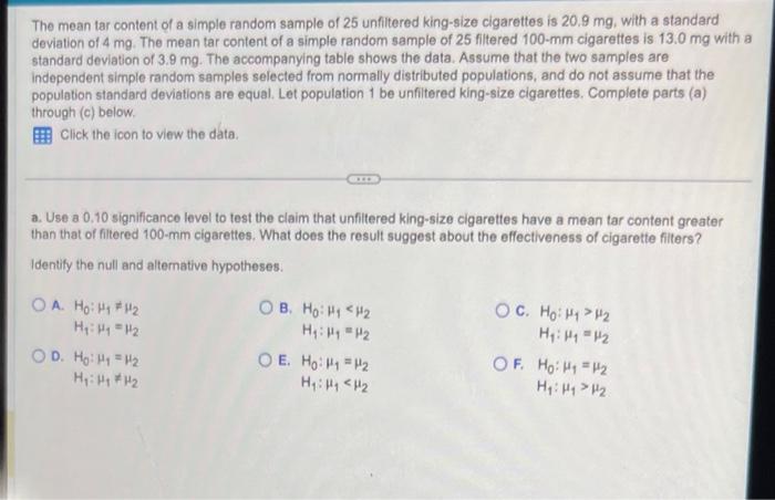 Solved The mean tar content of a simple random sample of 25 | Chegg.com