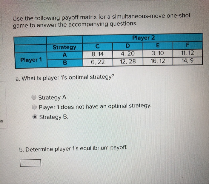 Solved Use the following payoff matrix for a | Chegg.com