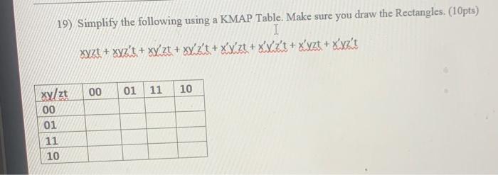 Solved 19) Simplify the following using a KMAP Table. Make | Chegg.com