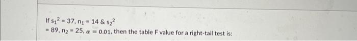 Solved If s12=37,n1=14&s22 =89,n2=25,a=0.01, then the table | Chegg.com