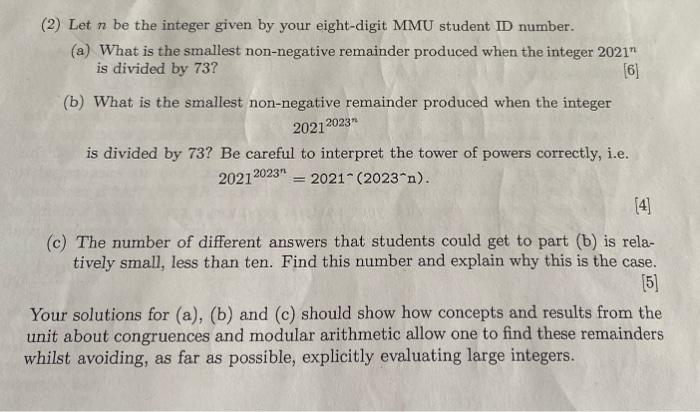 Solved (2) Let n be the integer given by your eight-digit | Chegg.com
