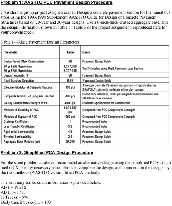 Solved Problem 1: AASHTO PCC Pavement Design Procedure | Chegg.com