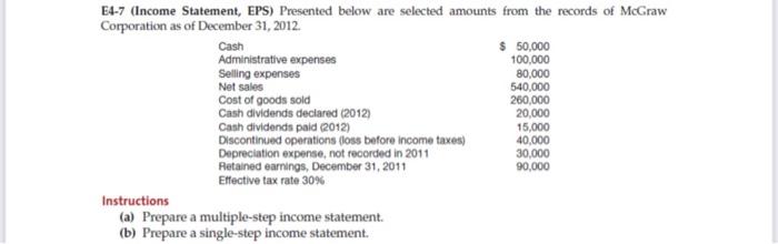 Solved E4-7 (Income Statement, EPS) Presented below are | Chegg.com