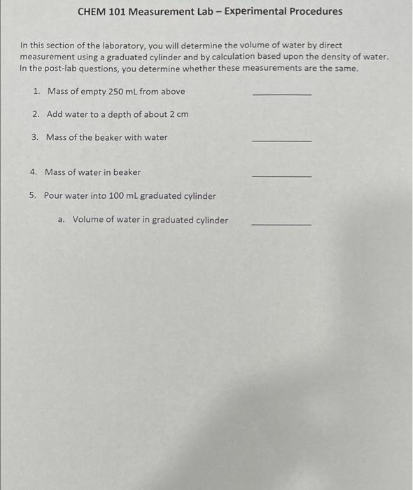 CHEM 101 Measurement Lab - Experimental Procedures | Chegg.com