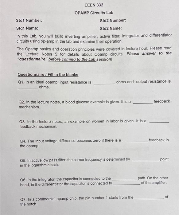 Solved EEEN 332 OPAMP Circuits Lab Std1 Number: Std2 Number: | Chegg.com