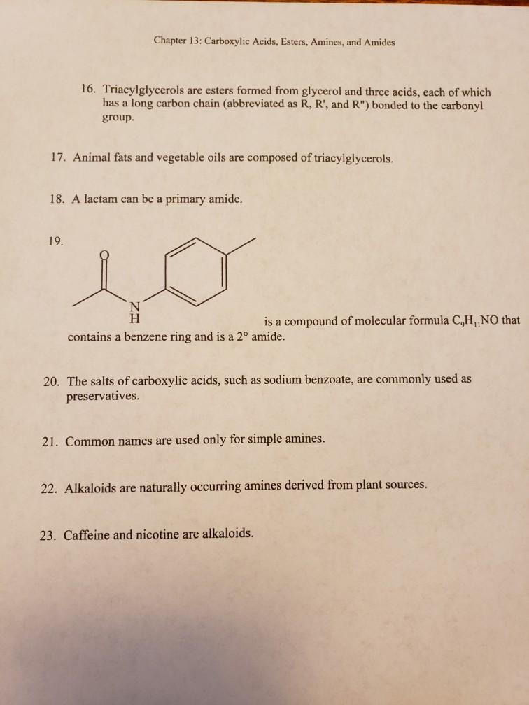 Solved Chapter 13: Carboxylic Acids, Esters, Amines, and | Chegg.com