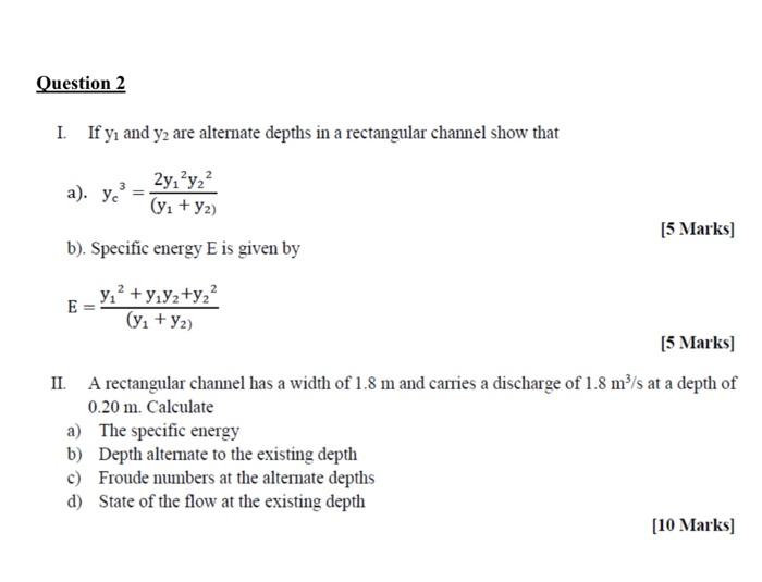Solved I. If y1 and y2 are alternate depths in a rectangular | Chegg.com