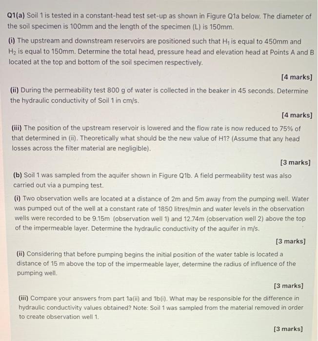 Solved Q1(a) Soil 1 is tested in a constant-head test set-up | Chegg.com