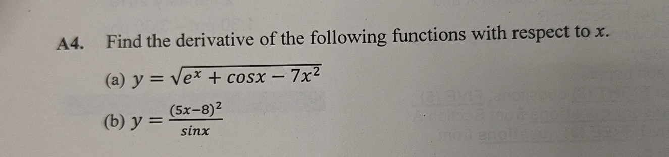 Solved A4. ﻿Find the derivative of the following functions | Chegg.com