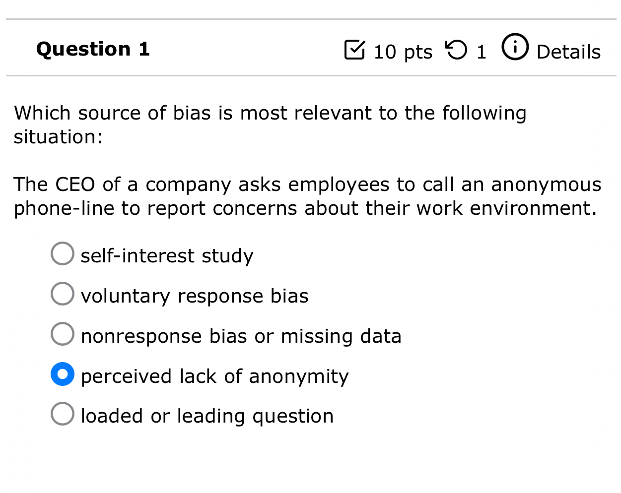 Solved Question 110 ﻿pts1DetailsWhich source of bias is most | Chegg.com
