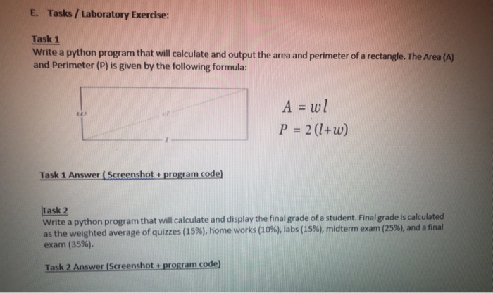 Solved E. Tasks / Laboratory Exercise: Task 1 Write a python | Chegg.com