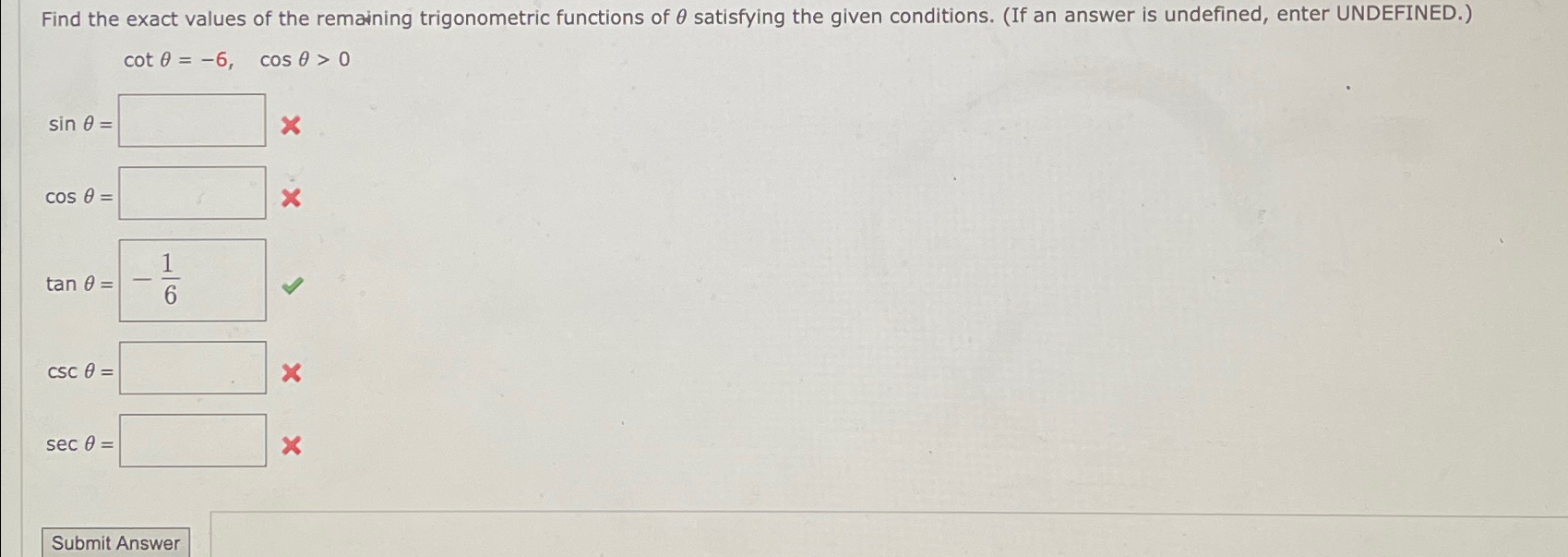 Solved Find the exact values of the remaining trigonometric | Chegg.com