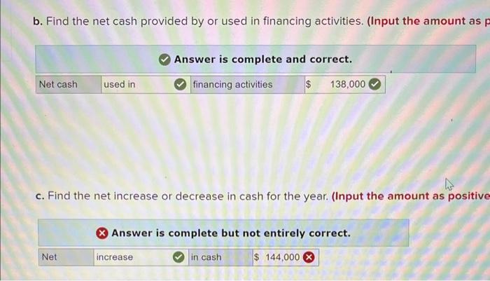 Solved b. Find the net cash provided by or used in financing | Chegg.com