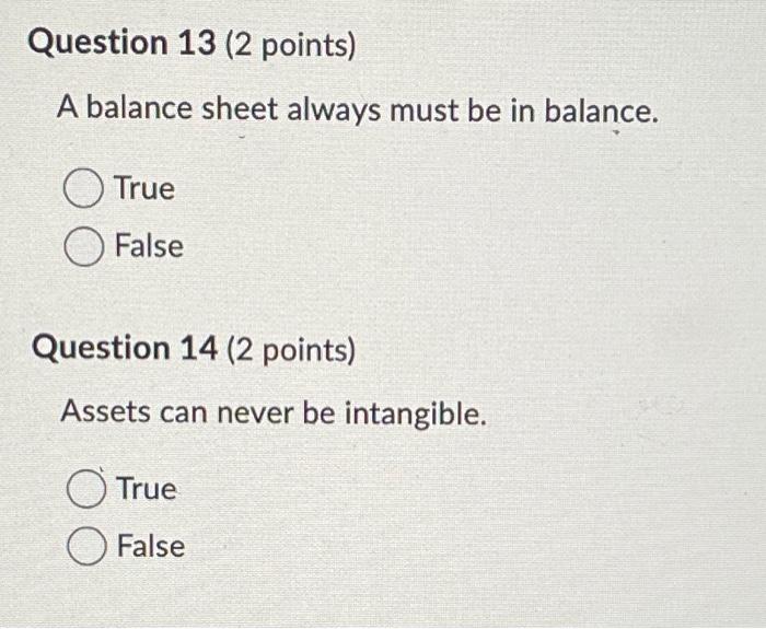 Solved A balance sheet always must be in balance. True False | Chegg.com