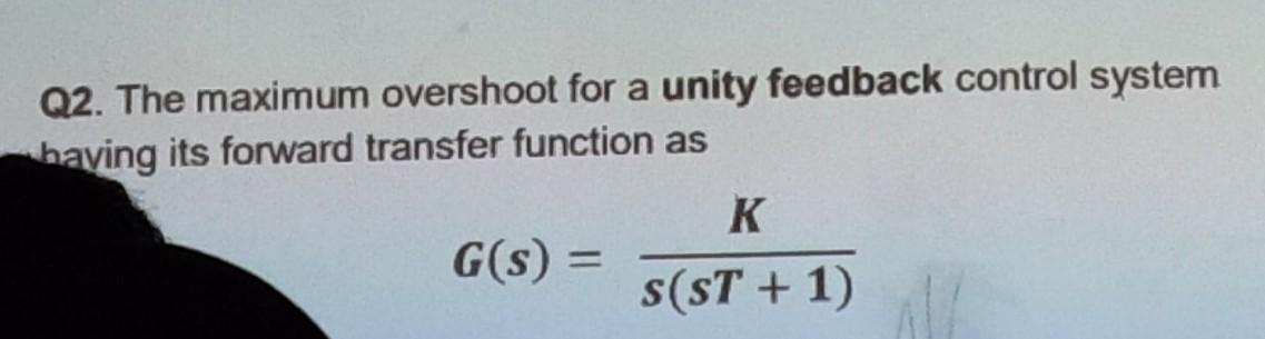 Solved Q2. The maximum overshoot for a unity feedback | Chegg.com