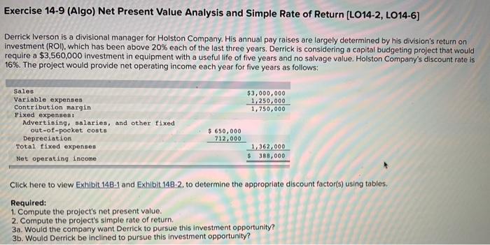 Solved Exercise 14-9 (Algo) Net Present Value Analysis and | Chegg.com