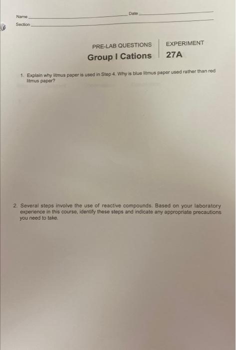 Solved Namo Date Section PRE-LAB QUESTIONS EXPERIMENT Group | Chegg.com