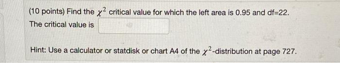 Solved ( 10 points) Find the χ2 critical value for which the | Chegg.com