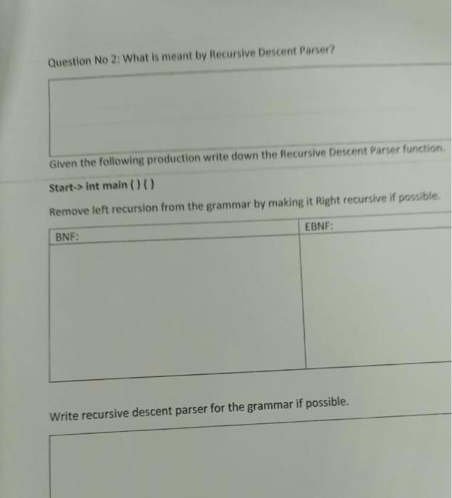 Solved Question No 2: What is meant by Recursive Descent | Chegg.com