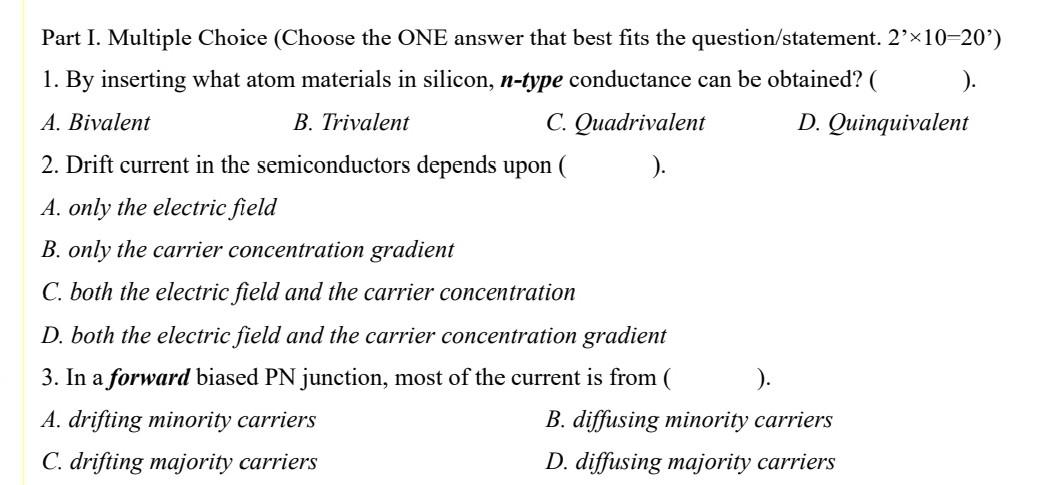 Solved Part I. Multiple Choice (Choose the ONE answer that | Chegg.com
