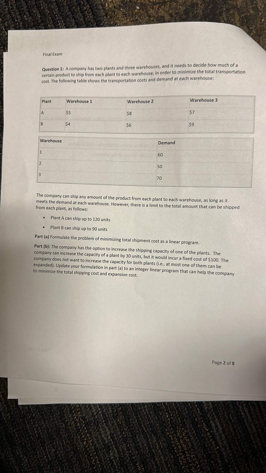 Solved Final ExamQuestion 1: A company has two plants and | Chegg.com