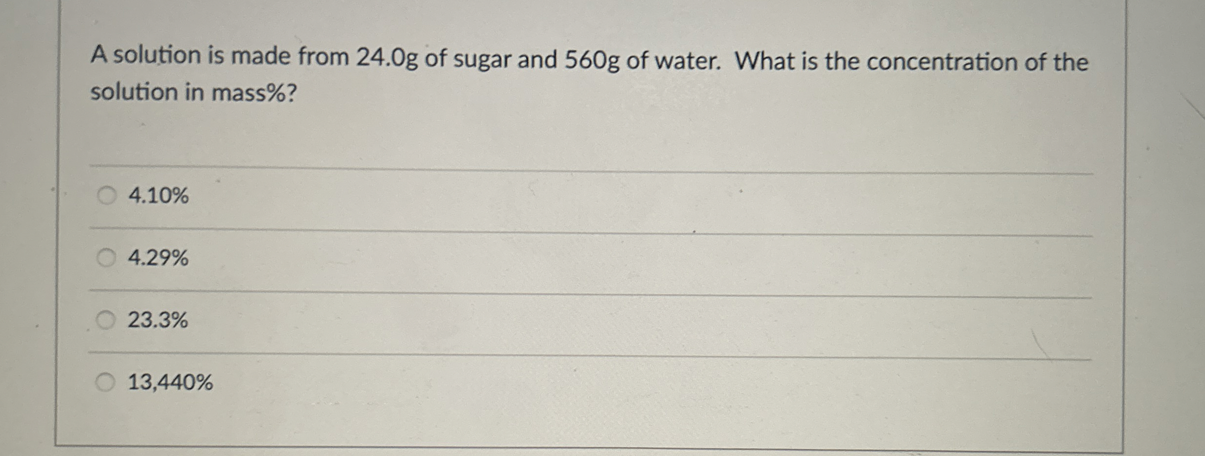 A solution is made from 24.0g ﻿of sugar and 560g ﻿of | Chegg.com