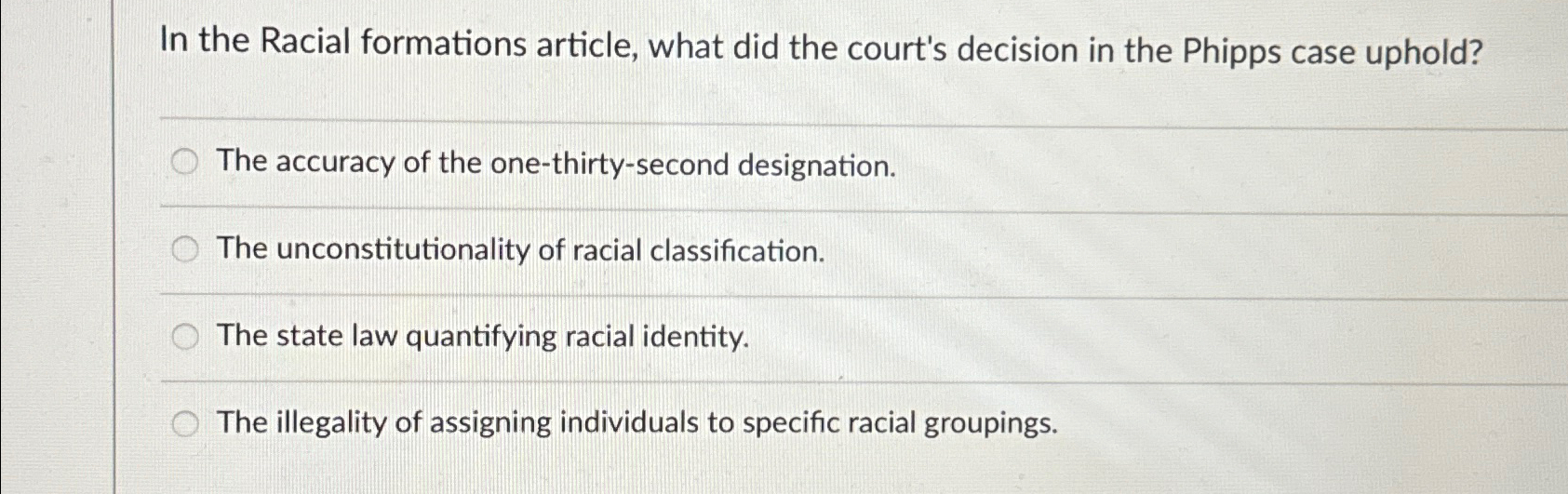 Solved In the Racial formations article, what did the | Chegg.com