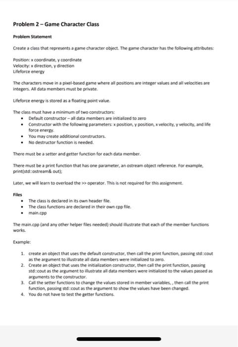 Solved Problem 2 - Game Character Class Problem Statement | Chegg.com
