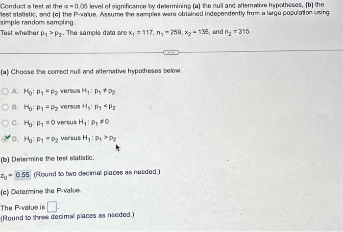 Solved Conduct a test at the α=0.05 level of significance by | Chegg.com