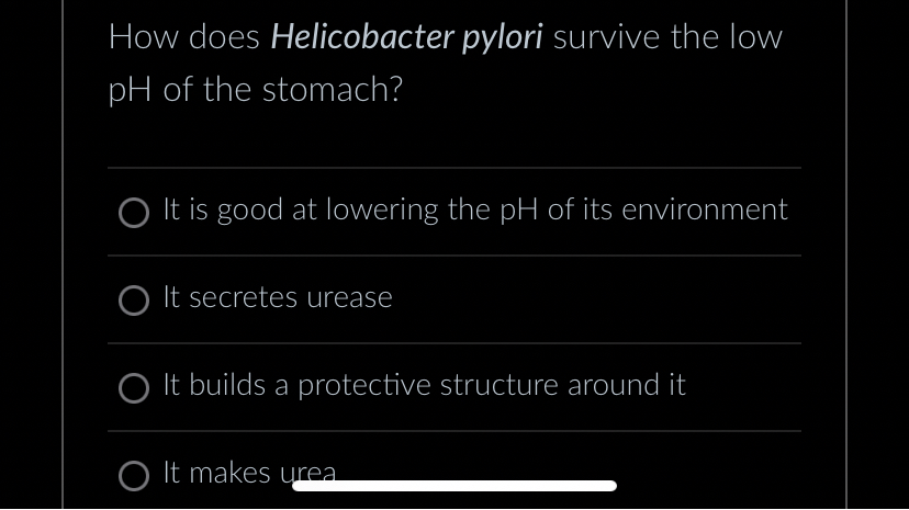 Solved How does Helicobacter pylori survive the low pH ﻿of | Chegg.com