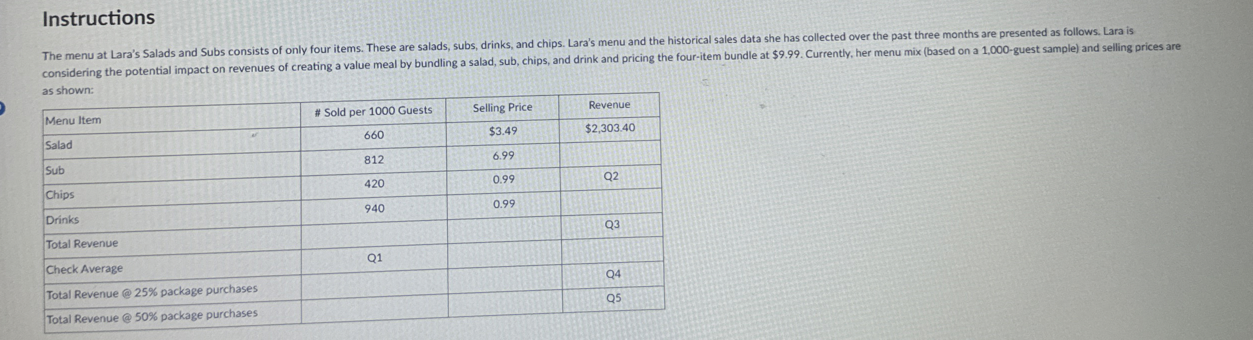 Solved by an EXPERT Instructions as shown:\table[[Menu Item,# Sold per ...