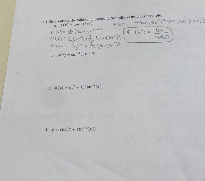 Solved 4.) Differentiate the following functions. Simplify | Chegg.com