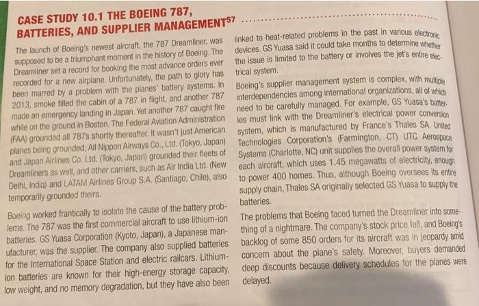 Solved CASE STUDY 10.1 THE BOEING 787, BATTERIES, AND | Chegg.com