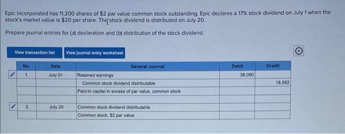 Solved Epic Incorporated has 11,200 shares of $2 par value | Chegg.com