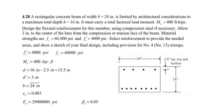 Solved 4.28 A rectangular concrete beam of width b=24 in. is | Chegg.com