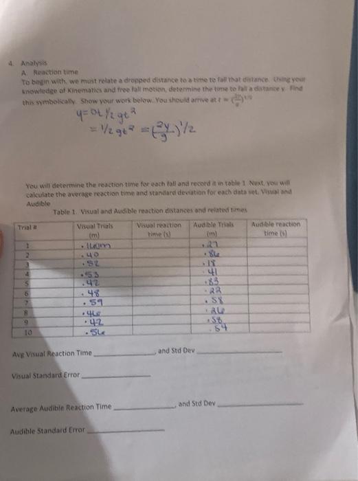 Solved You will determine the reaction time for each fall | Chegg.com