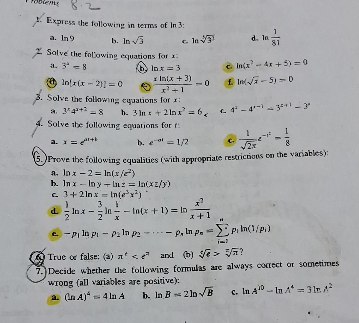 Solved 1. Express the following in terms of ln3 : a. ln9 b. | Chegg.com