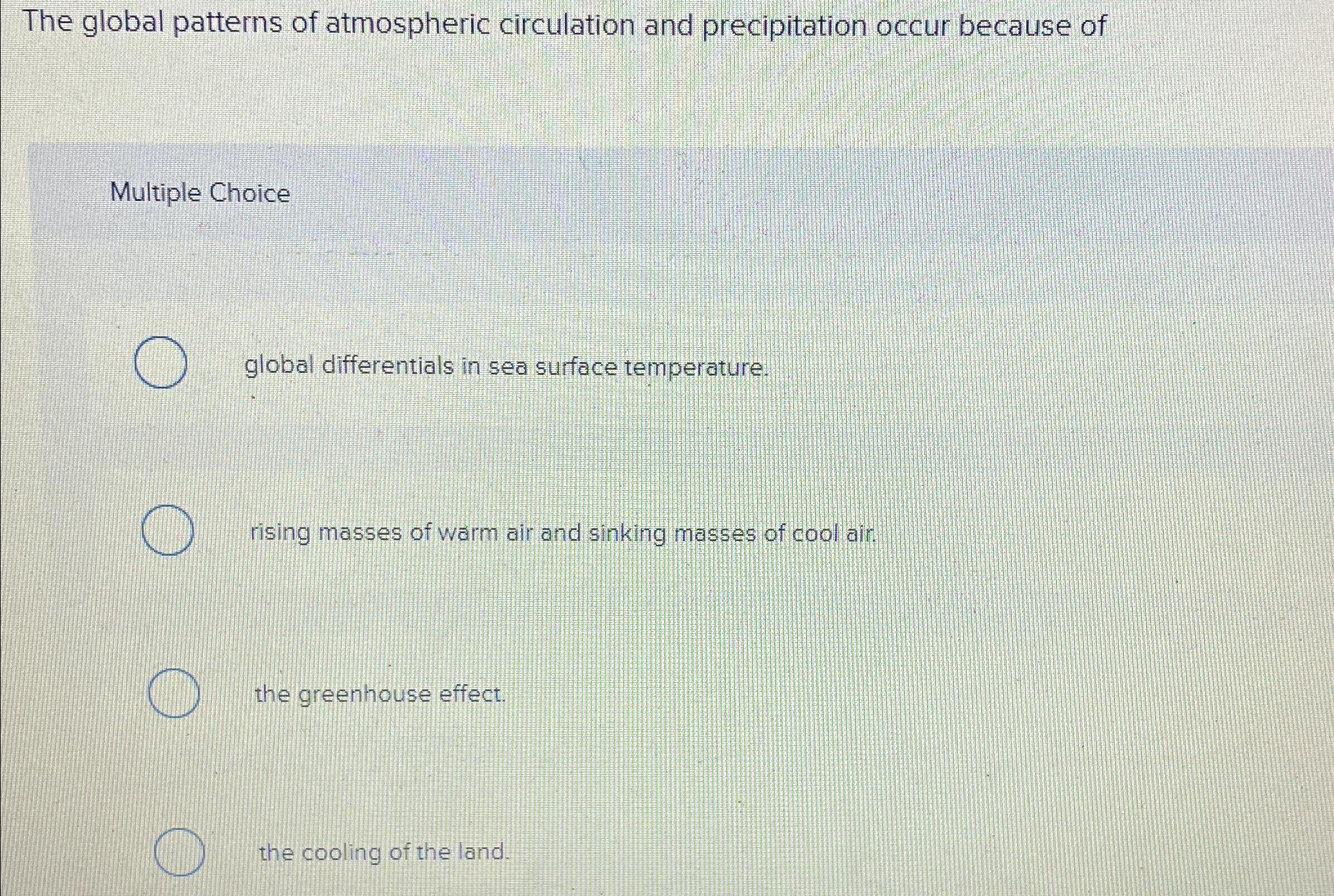 Solved The global patterns of atmospheric circulation and | Chegg.com