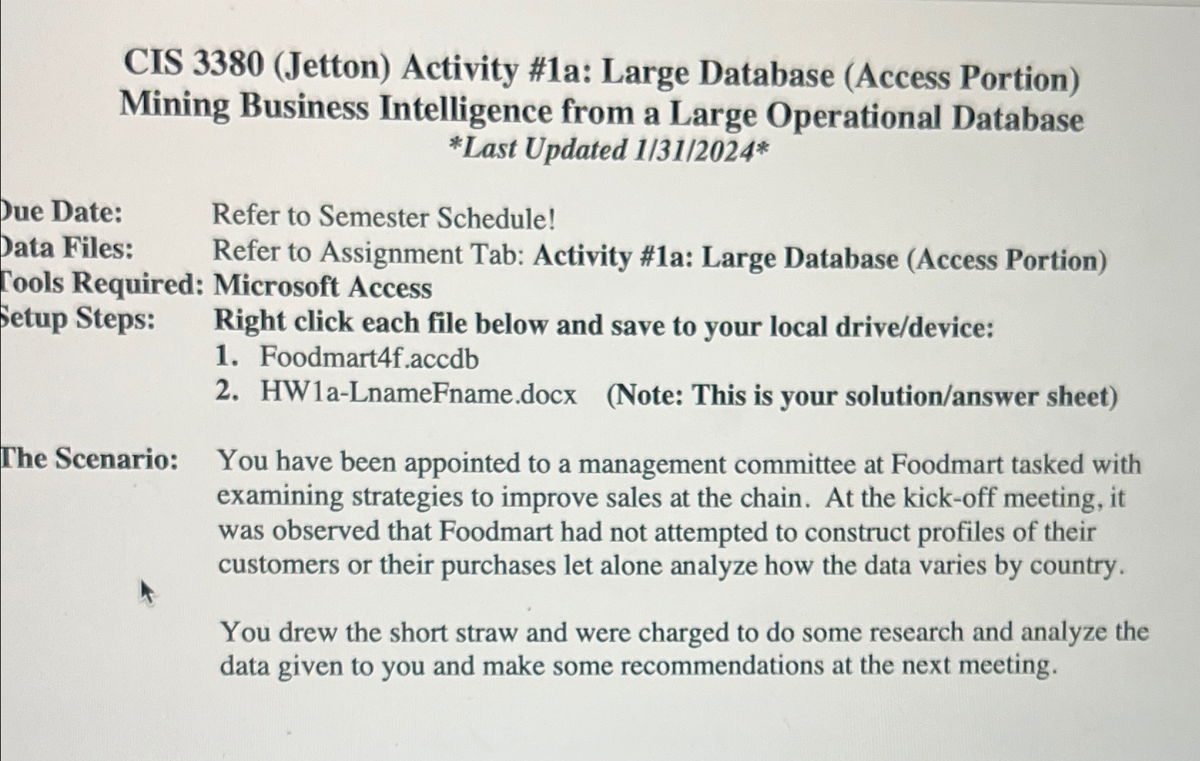 Solved CIS 3380 (Jetton) ﻿Activity #1a: Large Database | Chegg.com