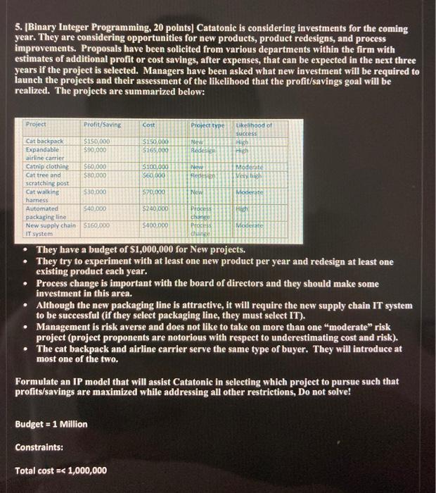 Solved 5. (Binary Integer Programming, 20 points) Catatonic | Chegg.com